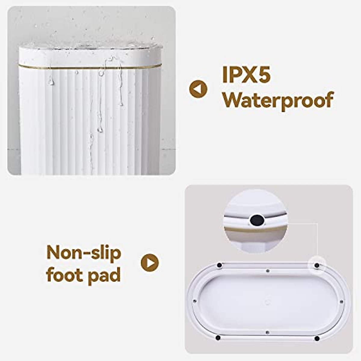Motion Sensor Trash Can - ELPHECO 2.5 Gallon Waterproof Motion Sensor Trash Can, Bathroom Trash Can, Garbage Bin for Kitchen and Office Use, White with Golden Trim