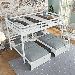 Triple Bunk Bed for Kids Teens,Can Be Separated Into 3 Full Over Twin & Twin Bunked Bedframe with Storage Drawer and Guardrails Wood for Living Room Bedroom,White