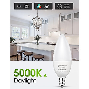 LOHAS E12 LED Candelabra Light Bulbs 60 Watt Equivalent, B10 Chandelier Candle Bulbs 5000K Daylight White, 6W Type B Ceiling Fan Bulbs 470LM, Non-Dimmable, 6 Packs