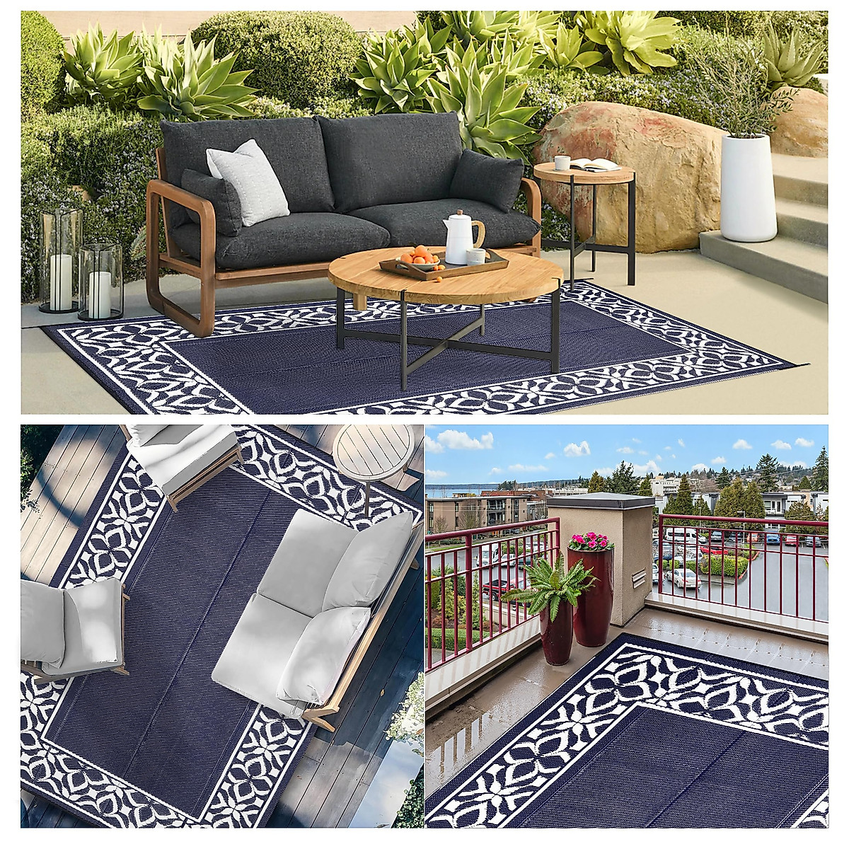 PureCozy Outdoor Plastic Straw Rug Navy Blue Waterproof Indoor Outdoor Patio Rug 5x8 Carpet Geometric Reversible Mat Modern Washable Large Outside Area Rug for Camping RV Porch Deck Balcony Beach