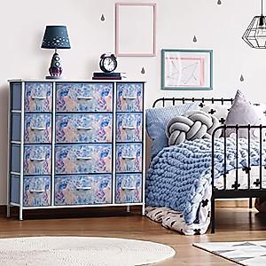 Sorbus Kids Dresser with 12 Drawers - Chest Organizer Unit with Steel Frame Wood Top & Handle, Fabric Bins for Clothes - Large Furniture for Bedroom Hallway Kids Room Nursery & Closet (Blue - Tie-dye)