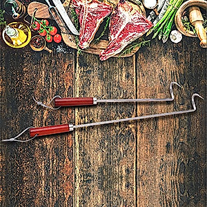 LQLMCOS Food Flipper Turner Hooks Stainless Steel BBQ Meat Hooks Cooking Barbecue Turners Hooks Grill Accessories with Wooden Handle for Grilling & Smoking (Style B - Right Handed)