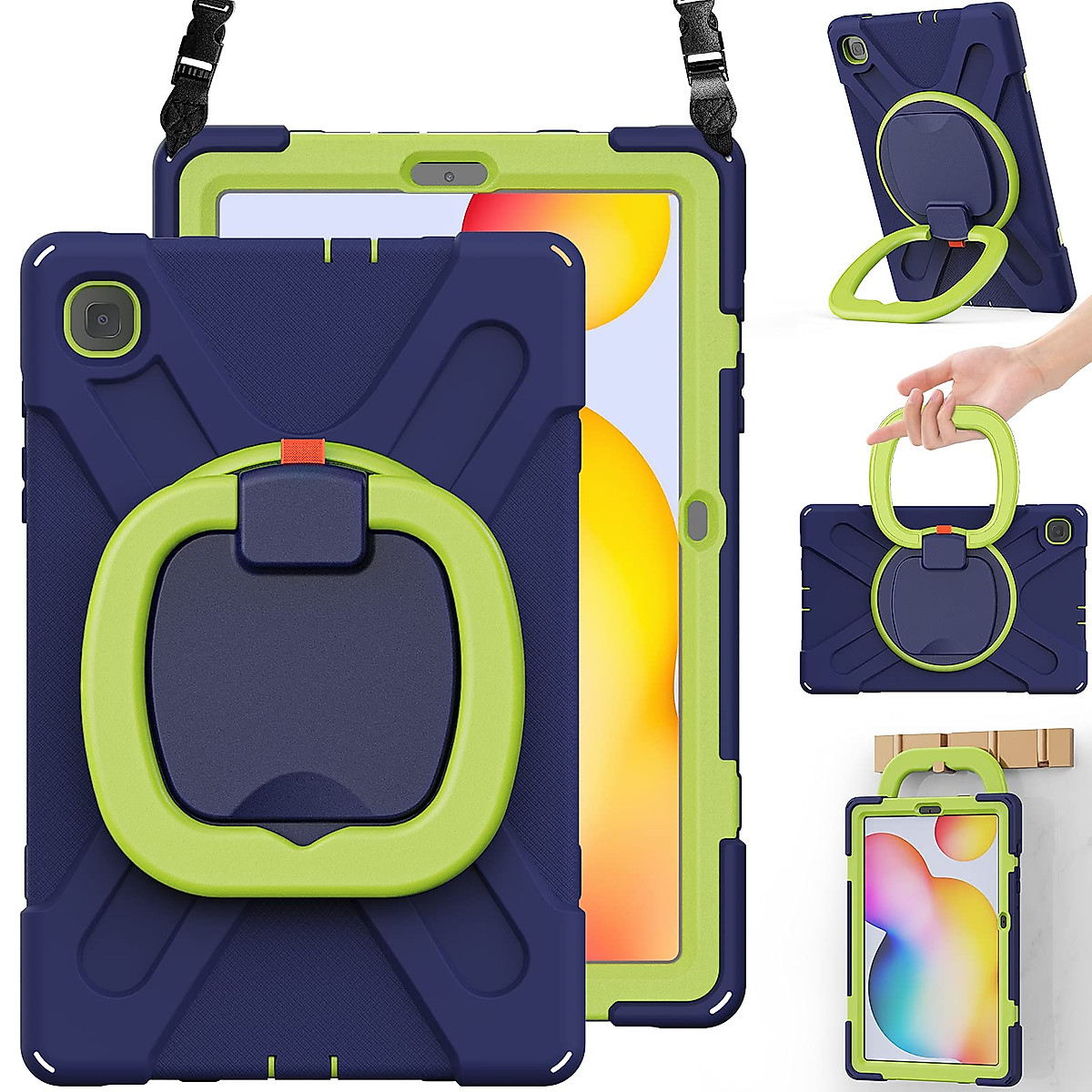 BRAECN Silicone Case for Samsung Galaxy Tab S6 Lite 10.4 Inch 2022/2020, Heavy Duty Rugged Case with Handle Grip, Shoulder Strap, Stable Kickstand, S Pen Holder, Navy+Green