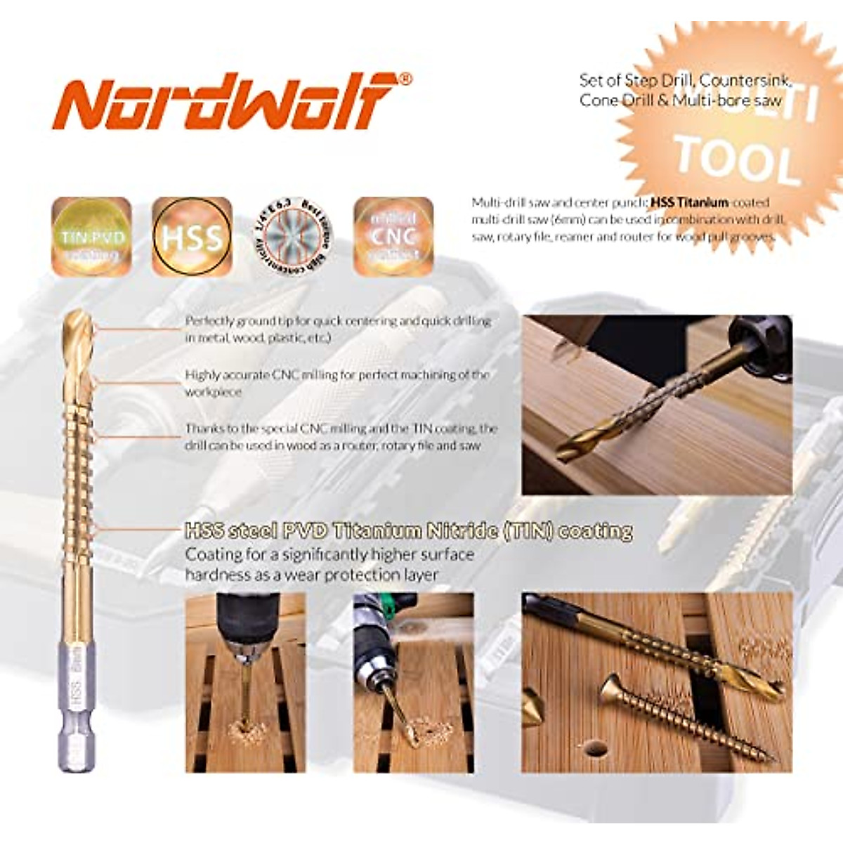 NordWolf 12-Piece HSS Titanium Metric Step, Countersink, Cone Drills with 1/4" Hex Shank, Multi Drill Saw & Automatic Center Punch Combination Set in Storage Case
