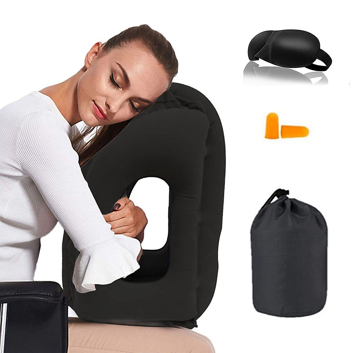 Inflatable Travel Pillow, Airplane Neck Pillow for Sleeping, Supports Head and Chin for Airplanes,Trains,Cars and Office Napping with 3D Eye Mask and Earplugs and Portable Drawstring Bag