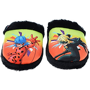 Miraculous Ladybug Girls' Slipper Scuff, Mismatch Ladybug and Cat Noir, Black/Red, Little Kid Size 12/13