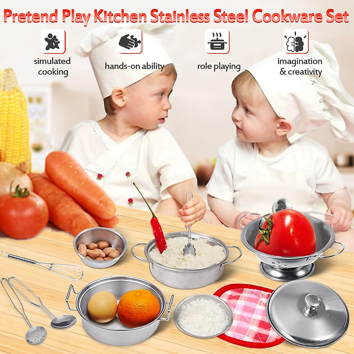 Rupnoflbui Kids Pretend Play Kitchen Toys,Mini Cooking Toys Set Play Kitchen Accessories with Stainless Steel Pots and Pans Set,Pretend Play Food Cooking Utensils Cookware for Girls Boys.11Pcs