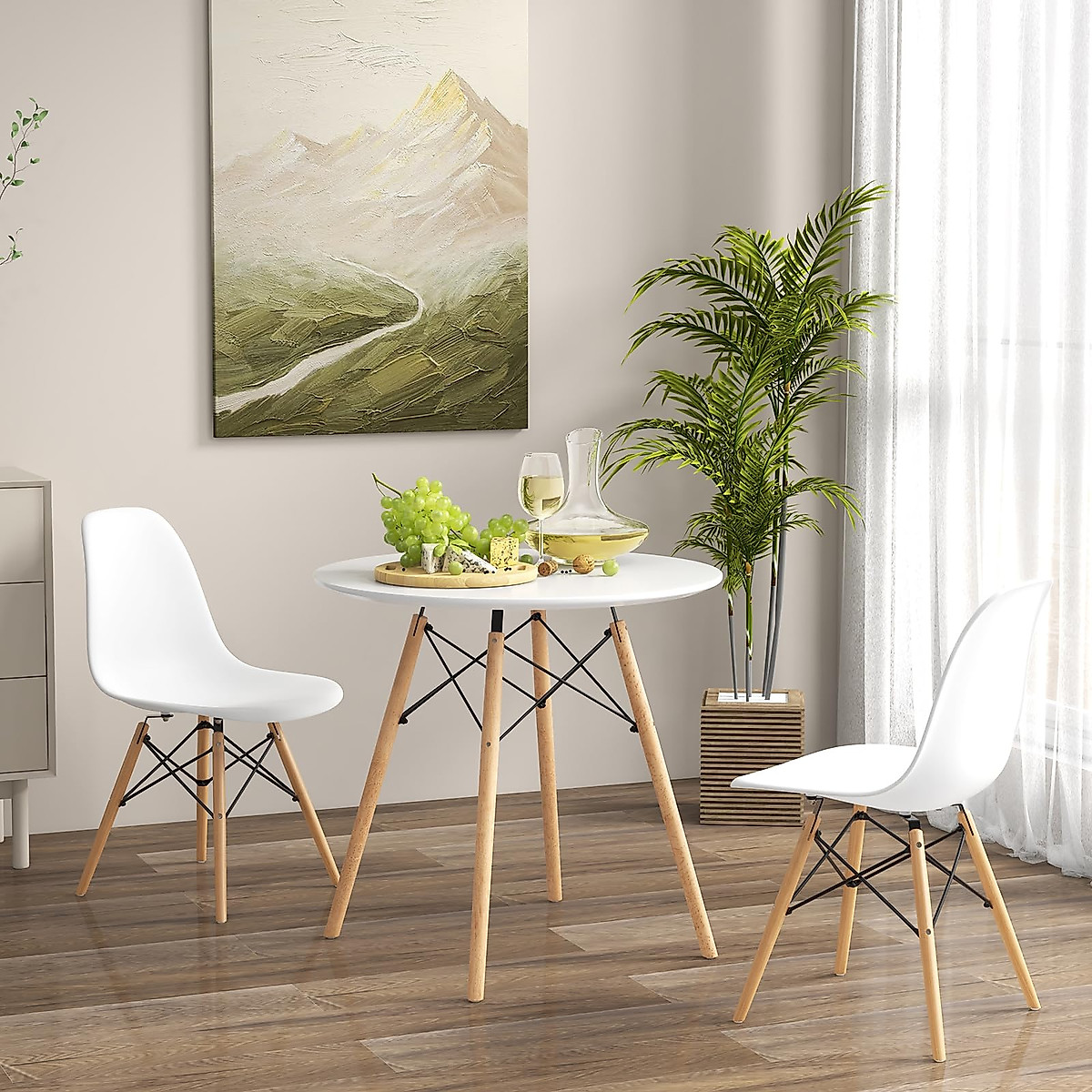 Giantex 3-Piece Dining Table Set, Modern Round 31.5" D Dining Table & 2 DSW Chairs W/Solid Wood Legs, Home Furniture Set for Small Spaces Dining Room Kitchen Restaurant, White