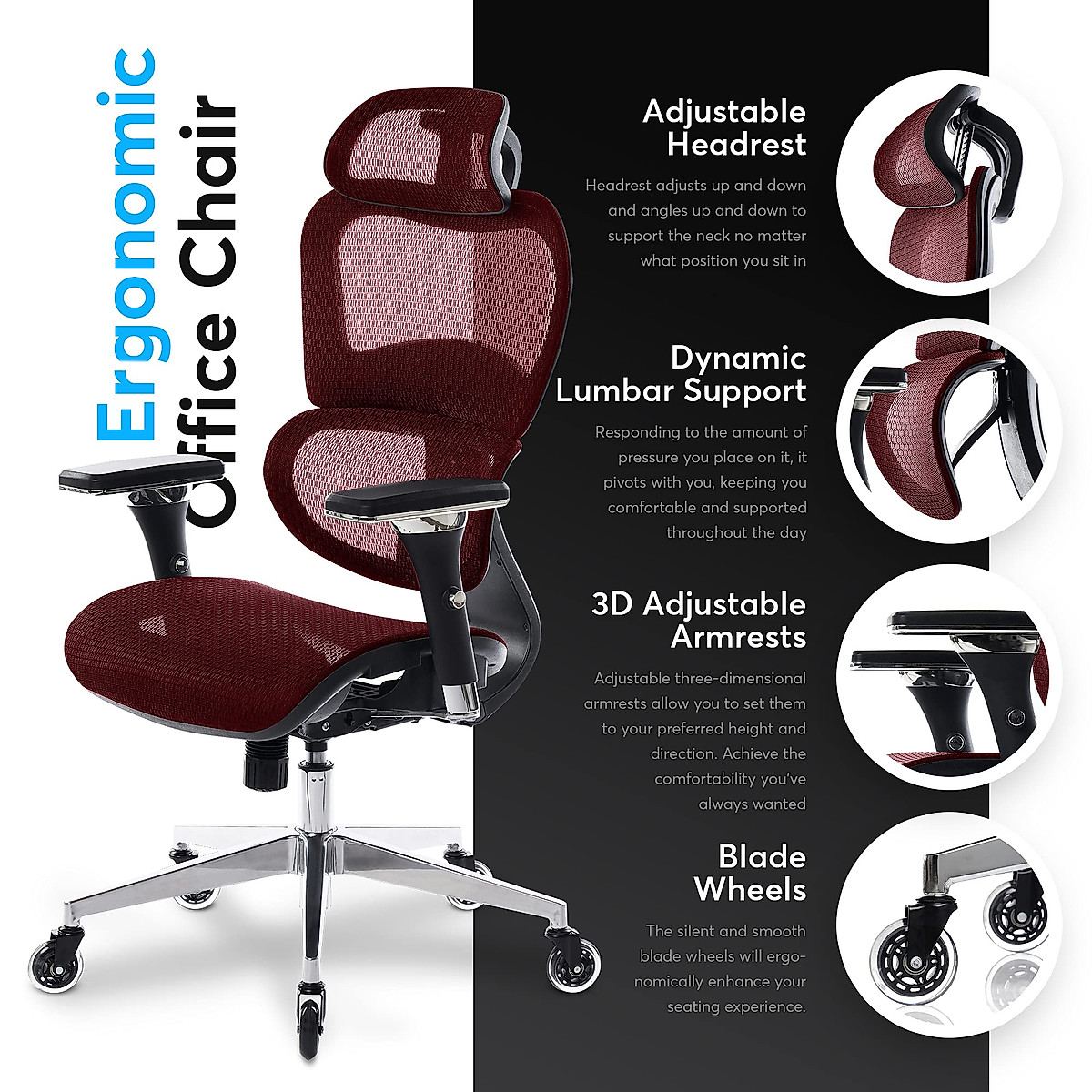 Oline ErgoPro Ergonomic Office Chair - Rolling Desk Chair with 4D Adjustable Armrest, 3D Lumbar Support and Blade Wheels - Mesh Computer Chair, Gaming Chairs, Executive Swivel Chair (Burgundy Red)