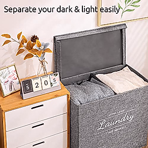 Fion'a magic Double Laundry Hamper with Lid and Removable Laundry Bags, 2 Divided Clothes Hamper, 125L Divider Dirty Clothes Basket with Handles for Bedroom, Laundry Room, Bathroom, Grey