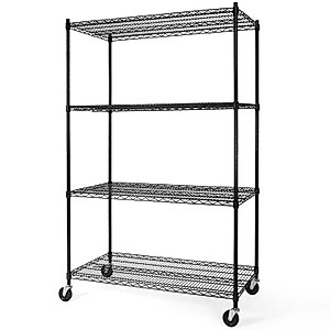 Fencer Wire 4-Tier Commercial Grade Heavy Duty Adjustable Height Wire Shelving w/Casters & Leveling Feet, Garage Shelving Storage Organizer, Storage Metal Steel Shelf, Utility Storage Shelf, Black.