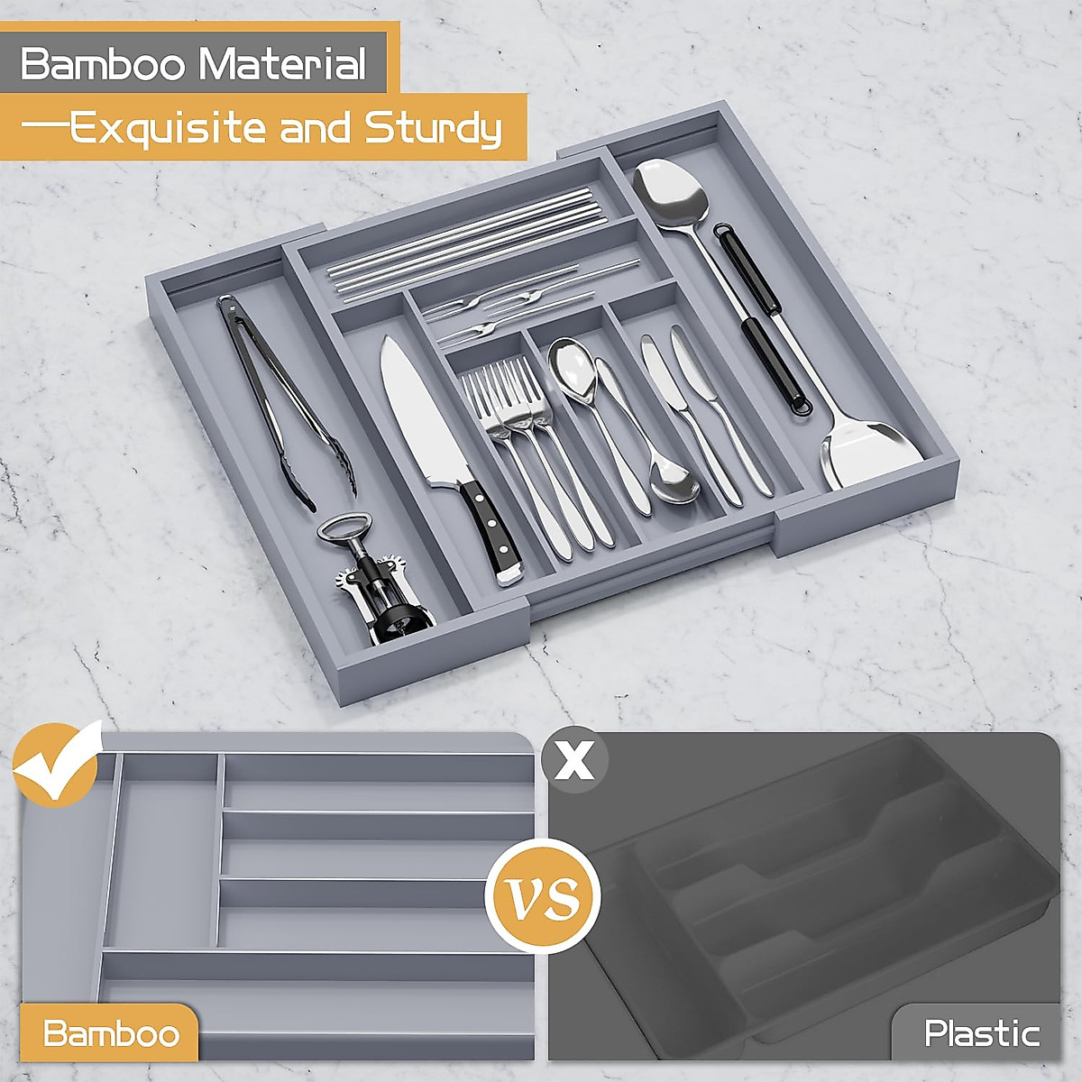 Chubangshou Utensil Organizer Silverware Holder, Adjustable Kitchen Drawer Organizer for Large Utensils, Bamboo Cutlery Organizer in Drawer (Black)