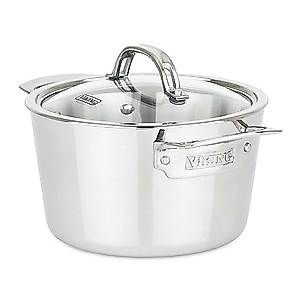 Viking Culinary Contemporary 3-Ply Stainless Steel Soup Pot, 3.4 Quart, Includes Glass Lid, Dishwasher, Oven Safe, Works on All Cooktops including Induction