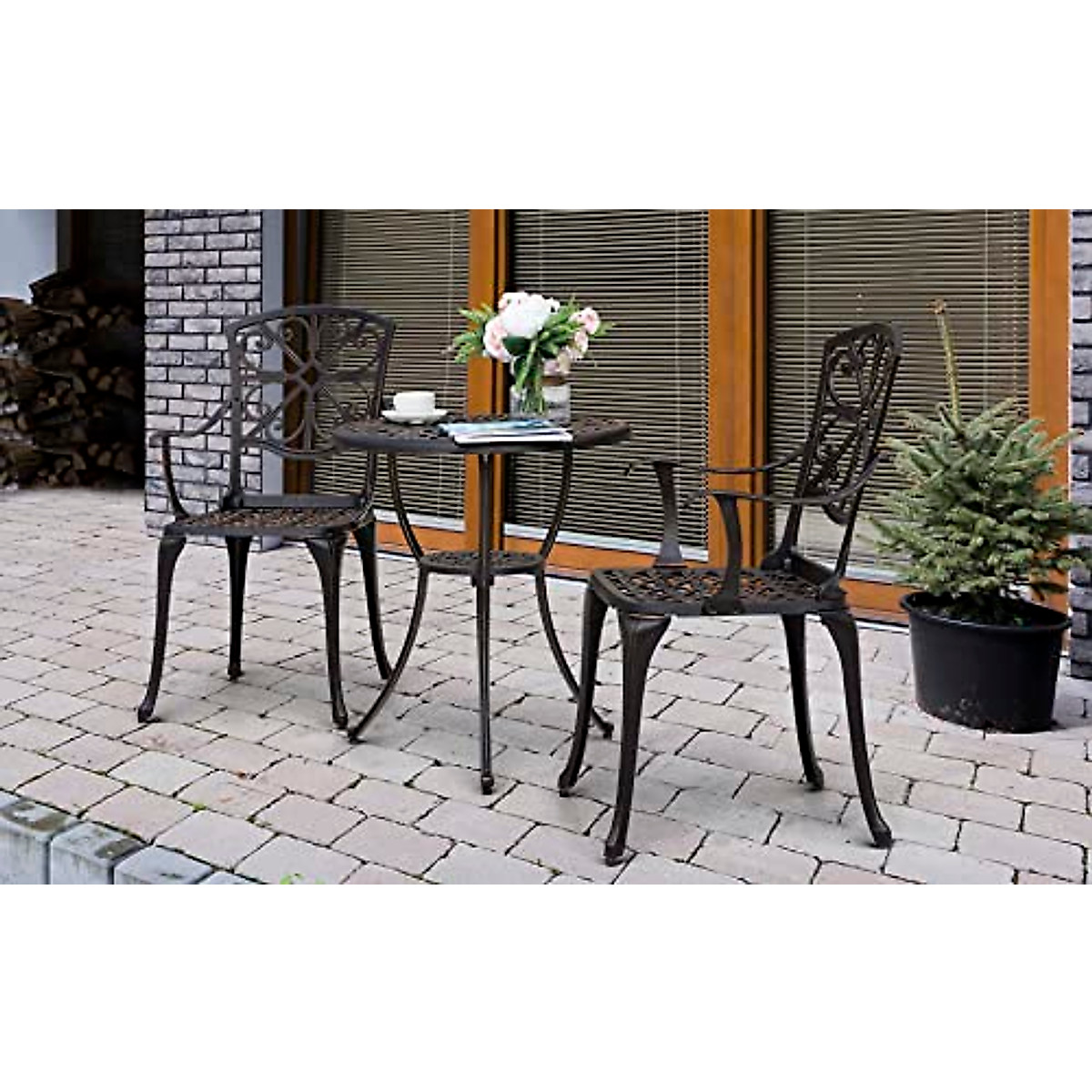Nuu Garden 3 Piece Bistro Table Set Cast Aluminum Outdoor Furniture Weather Resistant Patio Table and Chairs with Umbrella Hole for Yard, Balcony, Porch, Black with Antique Bronze at The Edge