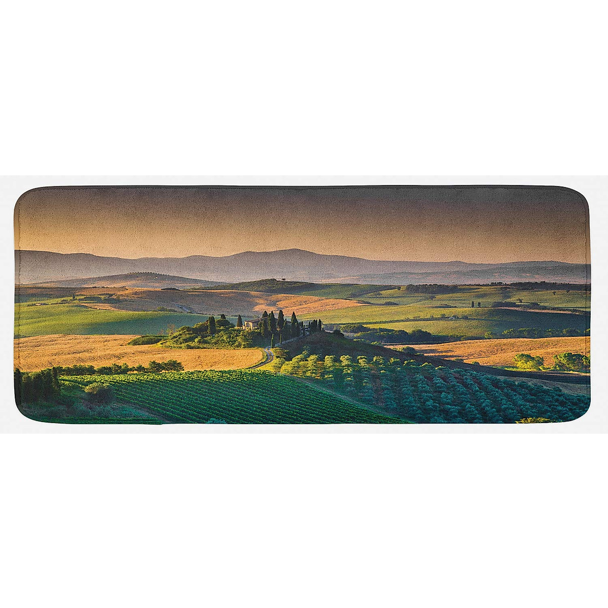 Ambesonne Landscape Kitchen Mat, Scenic Tuscany with Rolling Hills and Valleys in The Morning, Plush Decorative Kitchen Mat with Non Slip Backing, 47" X 19", Apricot Khaki