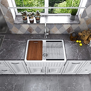 MEJE #KS 30x20 inch Apron-front Step Rim Workstation Farmhouse Kitchen Sink,Ceramic Single Bowl with Cutting Board,Grid & Strainer - White