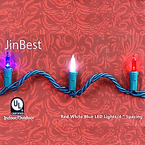JinBest 150 LED Red White and Blue String Lights, UL Certified and Commercial Decorations Series Green Wire 50 Ft, for Indoor and Outdoor Party, 4th of July, Patriots Day, Garden