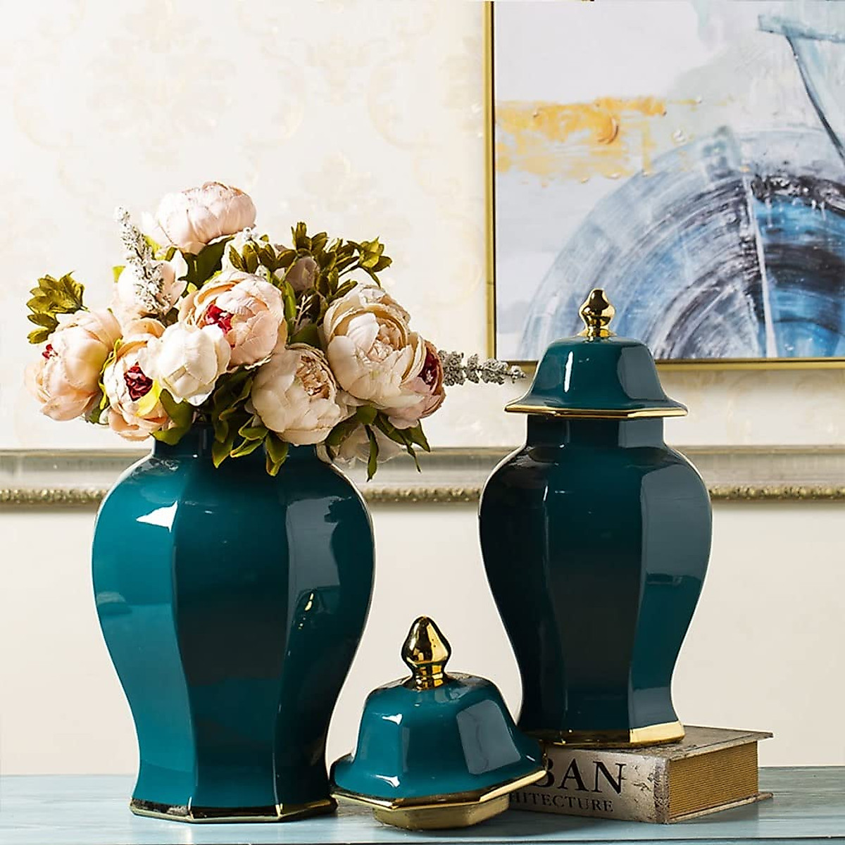 Handmade Green Hexagon Ginger Jar Vase Ornament, Home & Living Room Decorative Jar, Gold-Plated Ceramic Temple Jar (Size : Large)