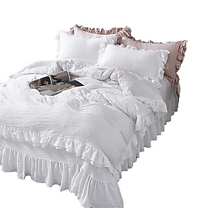 MOOWOO Ruffle Duvet Cover Set, Soft and Breathable Washed Microfiber 3pcs Bedding Set, Shabby Chic Farmhouse Duvet Cover and Pillow Shams, Zipper Closure & Corner Ties, Easy Care -(White, Queen)