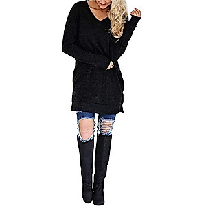 LERUCCI Womens Casual Long Sleeves Solid V-Neck Tunics Sweatshirt with Pockets Black Large