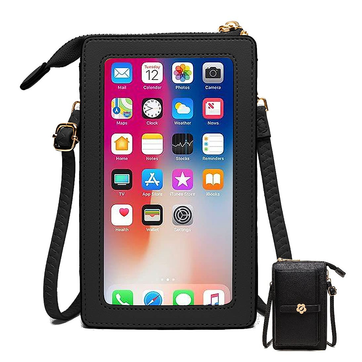 VEVESMUNDO Touchscreen Purse Wallet Zipper Holder Bag with Clear Touch Screen Phone Window (Black)
