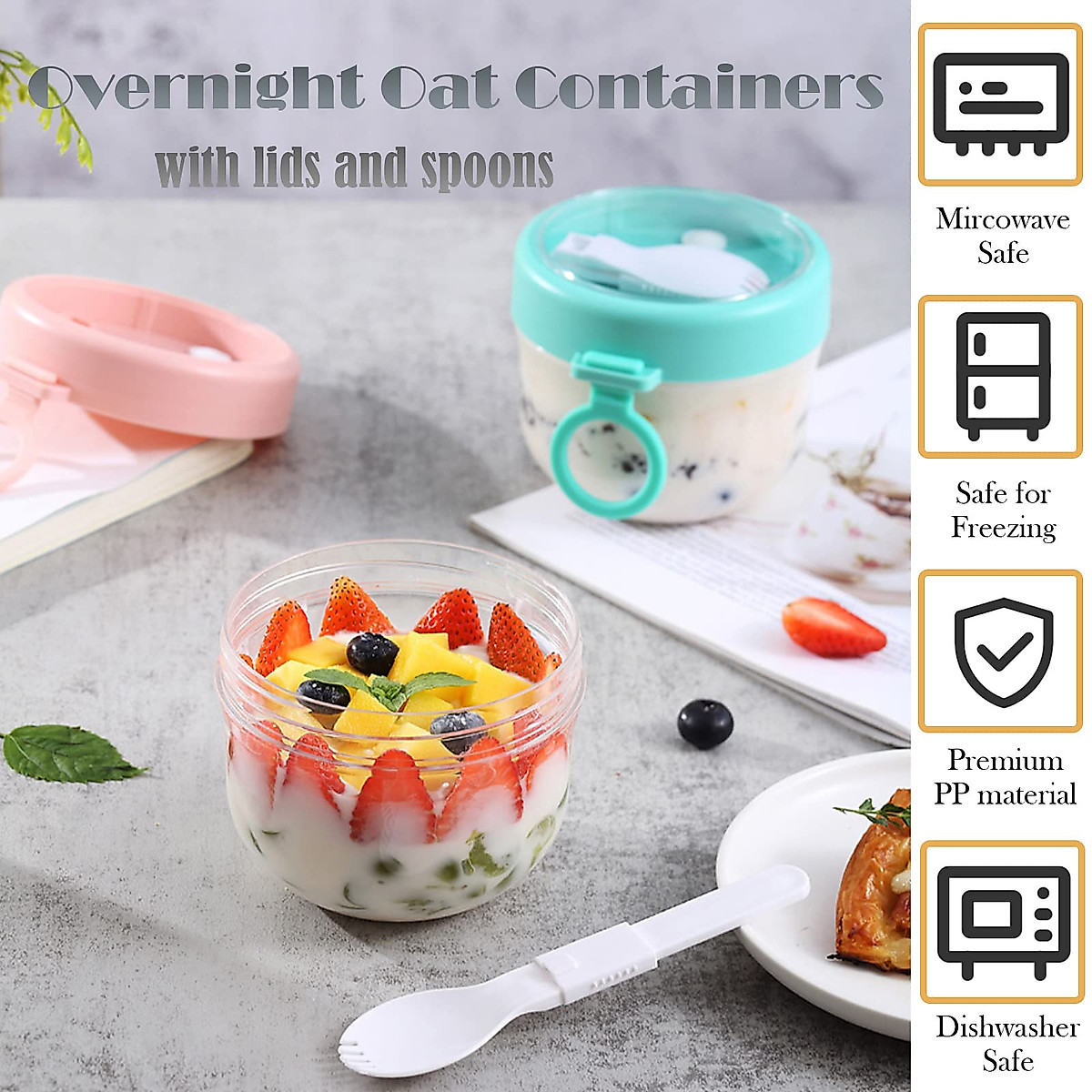2PCS Overnight Oat Containers with Lids and Spoons, 20oz Portable Plastic Overnight Oats Jars, Leak-proof Breakfast On The Go Cups, Yogurt, Cereal, Milk, Salad Storage Container, Dishwasher Safe