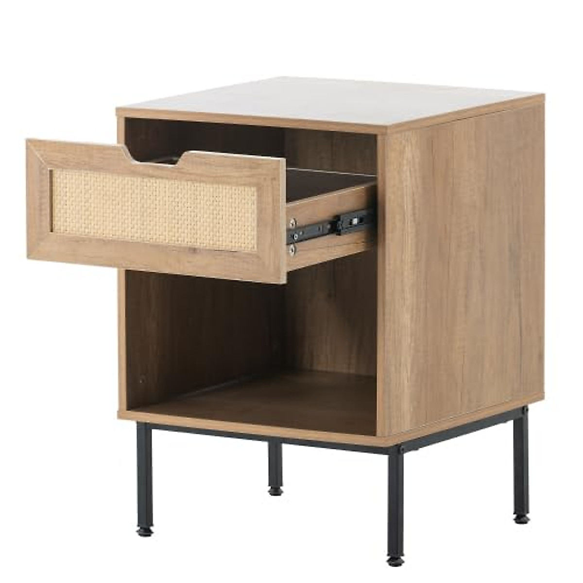 Wekity Nightstand Storage End Table with Rattan Door, Open Storage & Solid Metal Legs, Small Bedside Tables Mid Century Modern Side Tables Nightstand for Living Room Bedroom Small Spaces (Natural)