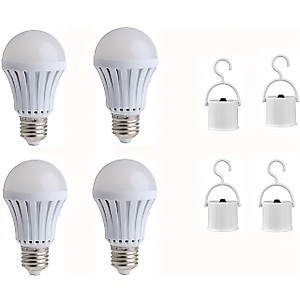 K JINGKELAI 9W Rechargeable LED Bulbs with Battery Backup - Emergency Light Bulb, E27/E26 Base, 60W Equivalent Brightness, Intelligent Power Outage Lighting with Hook, 4-Pack