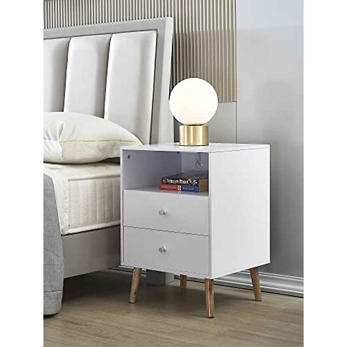 OBRICOL Night Stand,Charging Station Side Table, Functional End Table for Bedroom,Living Room (White)