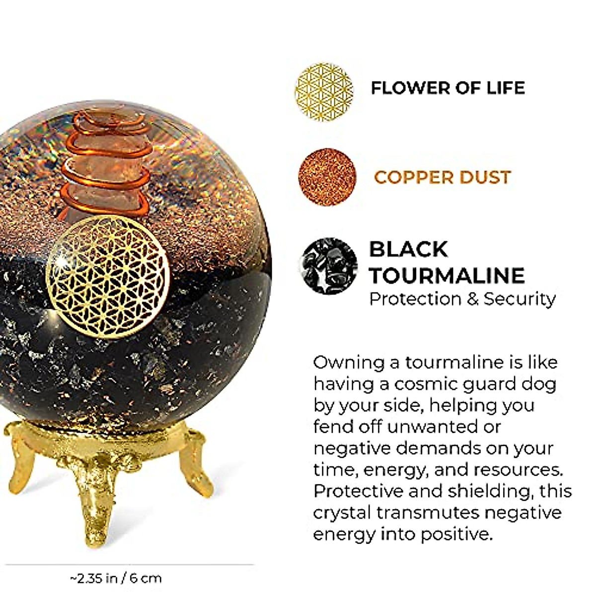 Orgonite Crystal Black Tourmaline Crystal Ball with Stand for Energy Purification and E-Energy Protection – Channels Positive Vibrations for Healing Connection between Body, Mind and Spirit