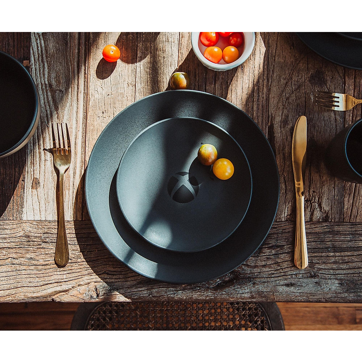 Ukonic Xbox Matte Black 8-Piece Ceramic Dinnerware Set | Includes Salad Plates, Soup Bowls, Mugs