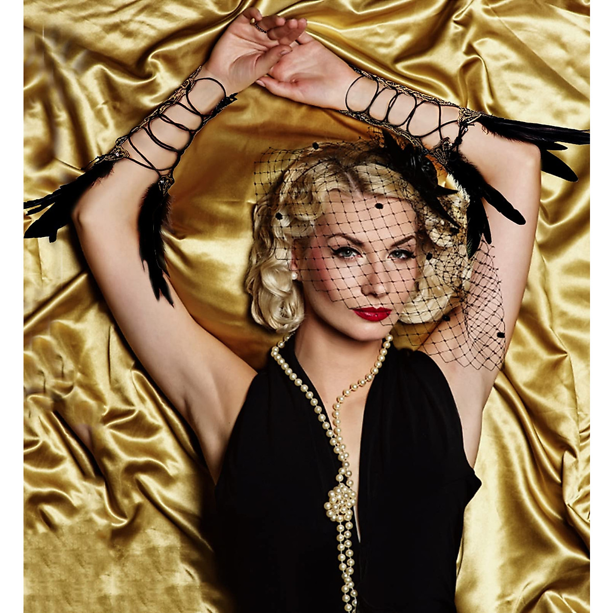 L'VOW 2Pcs Gothic Black Lace Feather Long Gloves for Women Halloween Witch Costume Swan Wristband Cuff