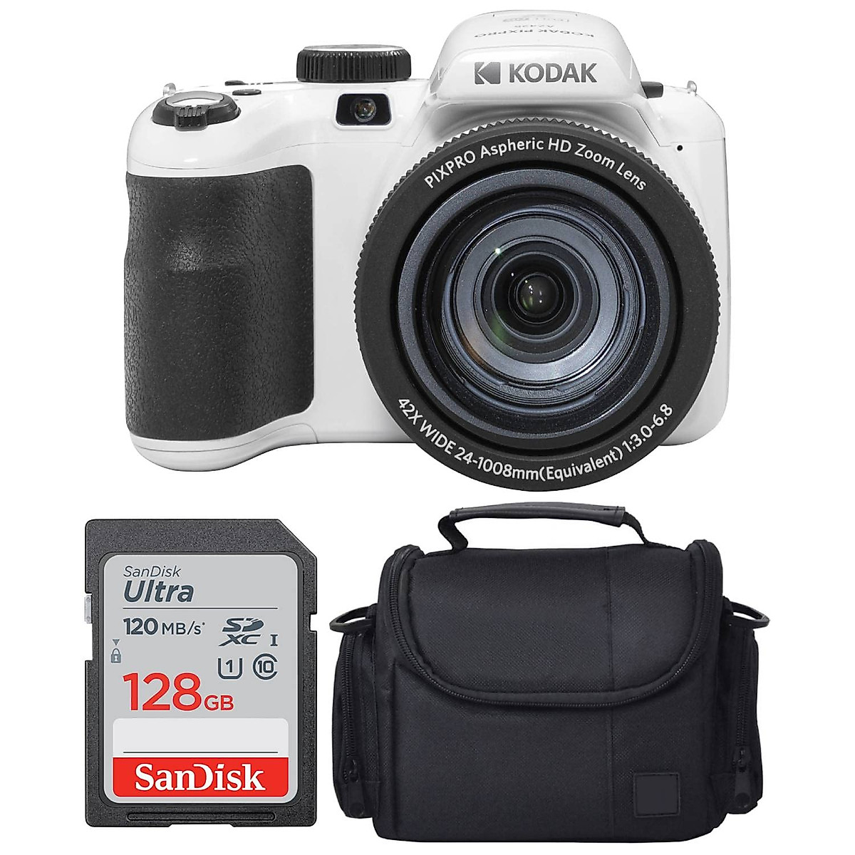 Kodak PIXPRO AZ425 Digital Camera + Camera Case + 128GB Memory Card (White)