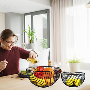 vocheer Metal Wire Fruit Basket, 2 Pcs Round Black Metal Bowl Vegetable Holder Decorative Stand for Bread, Snacks, Households Items Storage