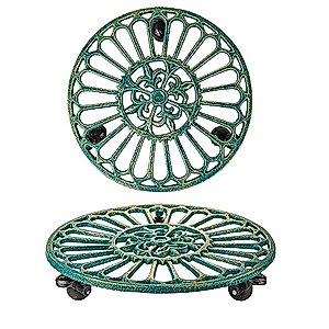 Sungmor Cast Iron Plant Caddy with Wheels, 2PC 14.8" Large & Heavy-duty Rolling Plant Stands, Pretty Garden Pots Tall Planter Dolly, Round Flower Pot Mover Metal Plant Pallet Trolley Tray with Casters