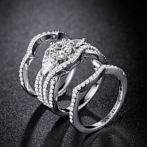 3.4Ct Bridal Wedding Ring Set for Women 14k White Gold Three Stones Engagement Rings Cz Two Bands Promise Size 6