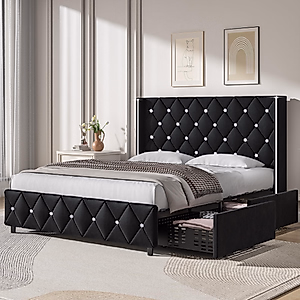 HOMBCK Queen Bed Frame with 4 Storage Drawers,Upholstered Bed Frame with Diamond Headboard and Footboard, Black Velvet Bed Frame with Wingback, Solid Wood Slats, Black