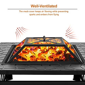 32" Heavy Duty Fire Pit Table with Spark Screen Cover Log Grate and Poker, Square Patio Wood Fire Pit Table for Bonfire Party Backyard Garden