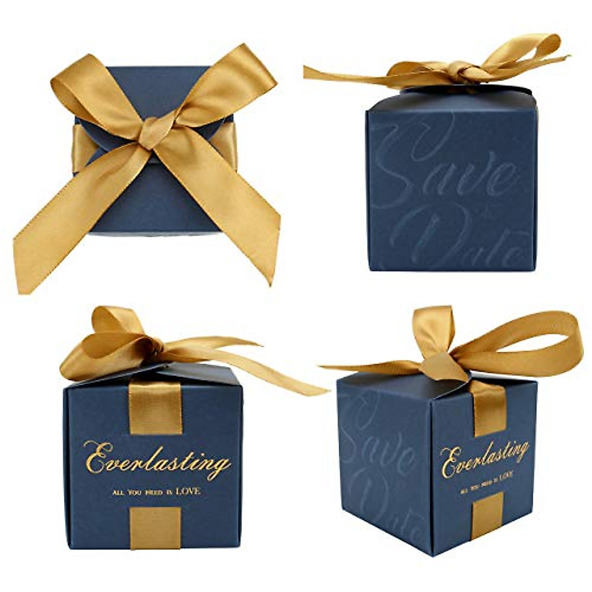 Yoption 50pcs Wedding Party Favor Boxes, Navy Blue Wedding Birthday Candy Boxes, Chocolate Treat Gift Boxes with Ribbon for Wedding Bridal Baby Shower Birthday Party Decoration, 2.5X2.5 X2.5 inches