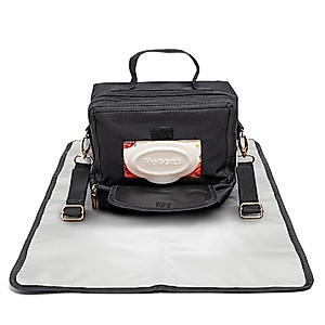 Small Crossbody Diaper Changing Bag with Portable Baby Changing Pad, Front Wipes Pocket Opening, Shoulder & Stroller Straps Included (Black Nylon)