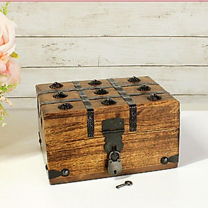 Nautical Cove Treasure Chest Wooden Box with Antique Iron Lock and Skeleton Key - Storage and Decor (Small 8 x 6 x 4.5)
