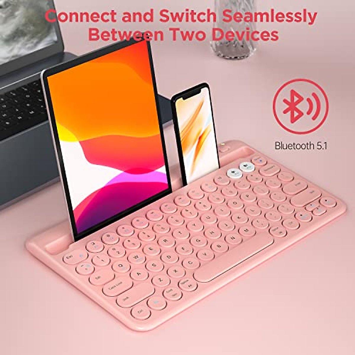 Samsers Multi-Device Bluetooth Keyboard, Rechargeable Wireless Bluetooth 5.1 Keyboard with Integrated Stand, Support 2 Devices for Smartphone Tablet iPad Laptop MacBook PC iOS Android Windows - Pink