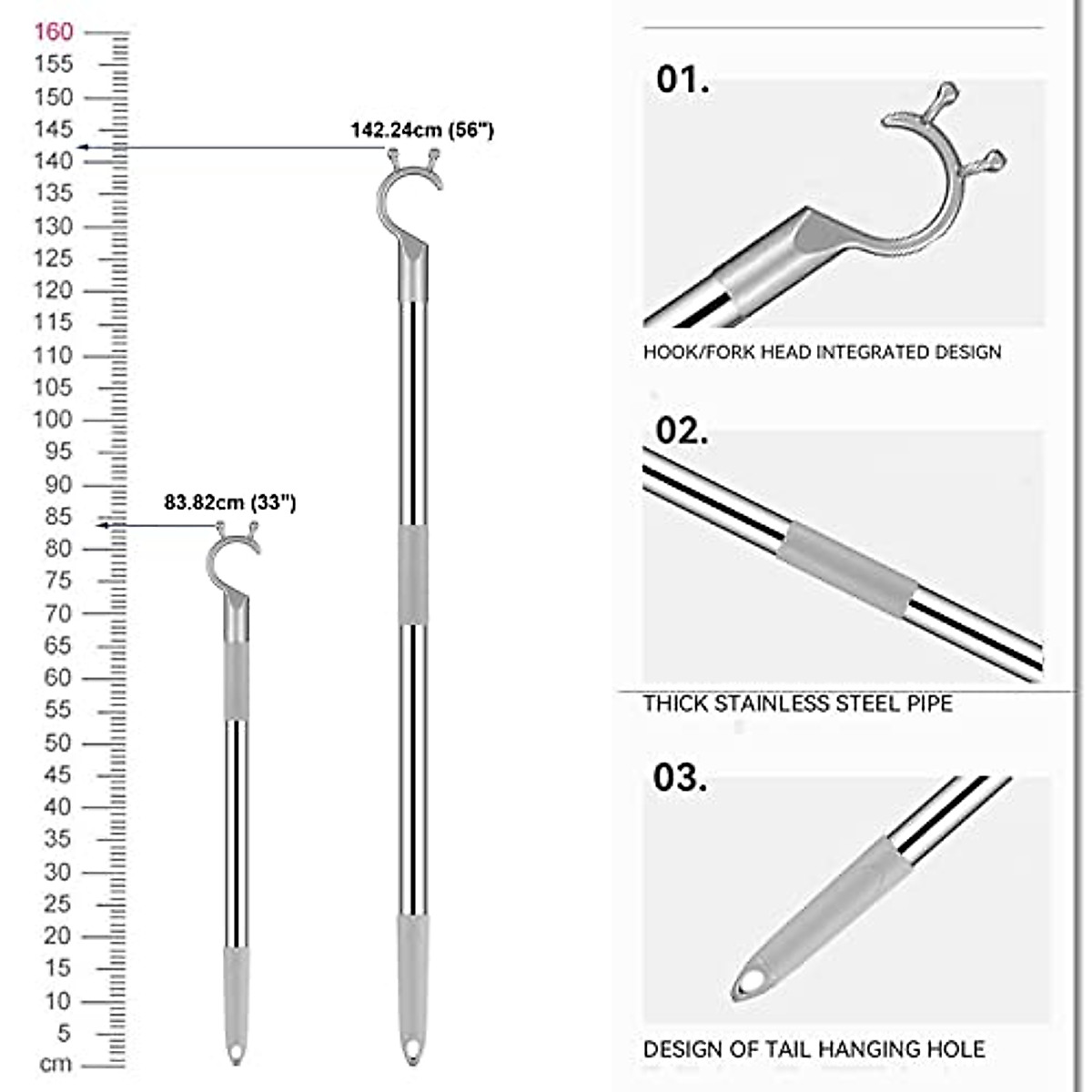 Reach Stick 56" Long Reaching Pole for High Place - Stainless Steel Pole with Alloy Hook for Top Rod