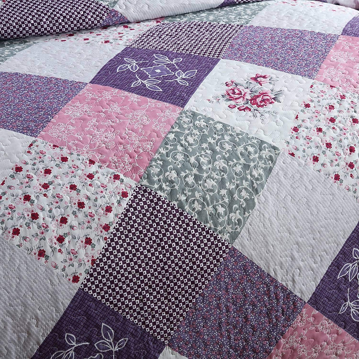 HoneiLife Quilt Set Queen Size - 3 Piece Microfiber Reversible Bedspreads Patchwork Coverlets Floral Bedding Set All Season Quilts with Geometric and Little Rose Print Pattern