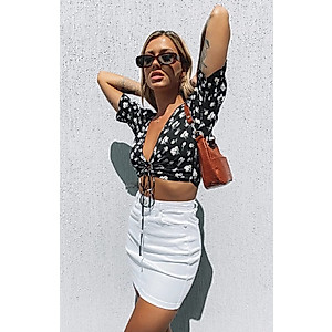 Just Quella Women's High Waisted Jean Skirt Fringed Slim Fit Denim Mini Skirt (S, White2 Washed)