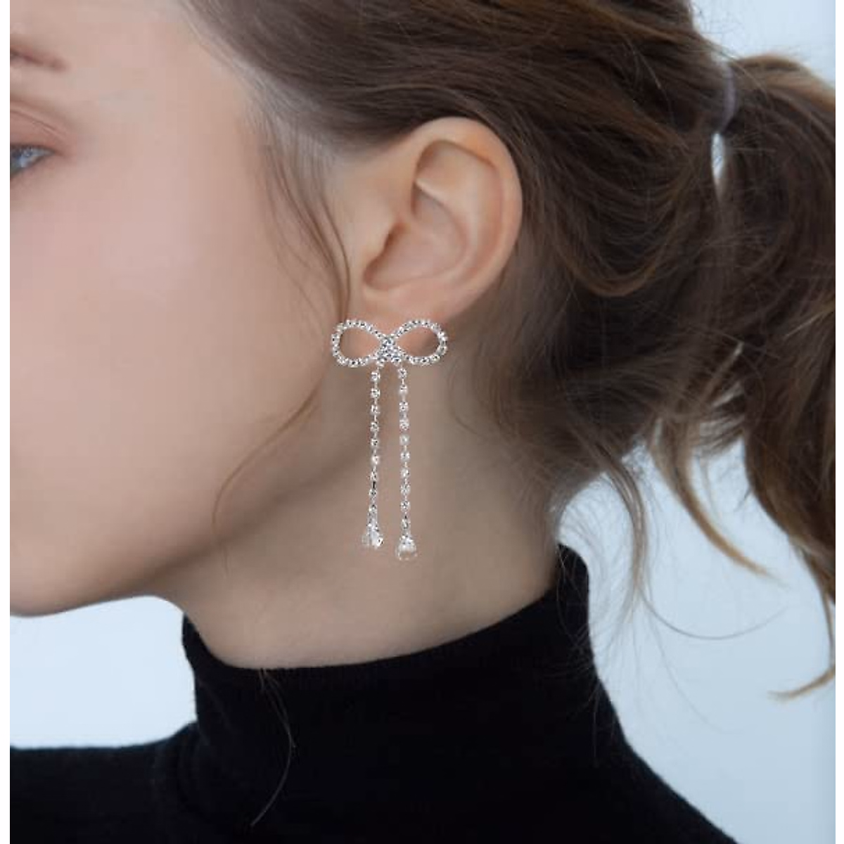 Silver Bow Drop Earring Rhinestones Bow Tassels Statement Earrings Crystal Bowknot Lightweight Shiny Bar Earrings Set Jewelry