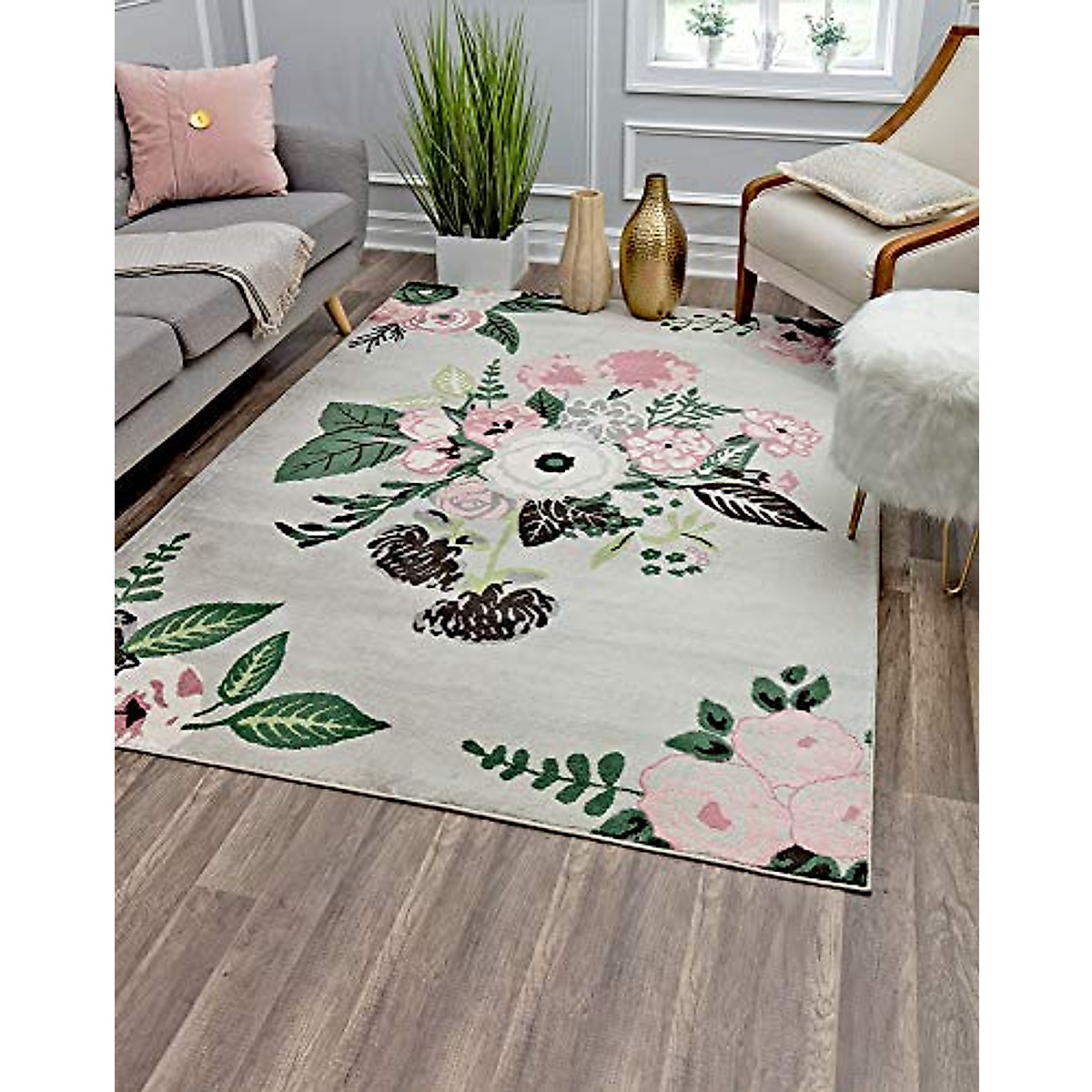 Rugs America Hanna VA40C Rose Garden Gray Floral Transitional Area Rug, 5'x7'