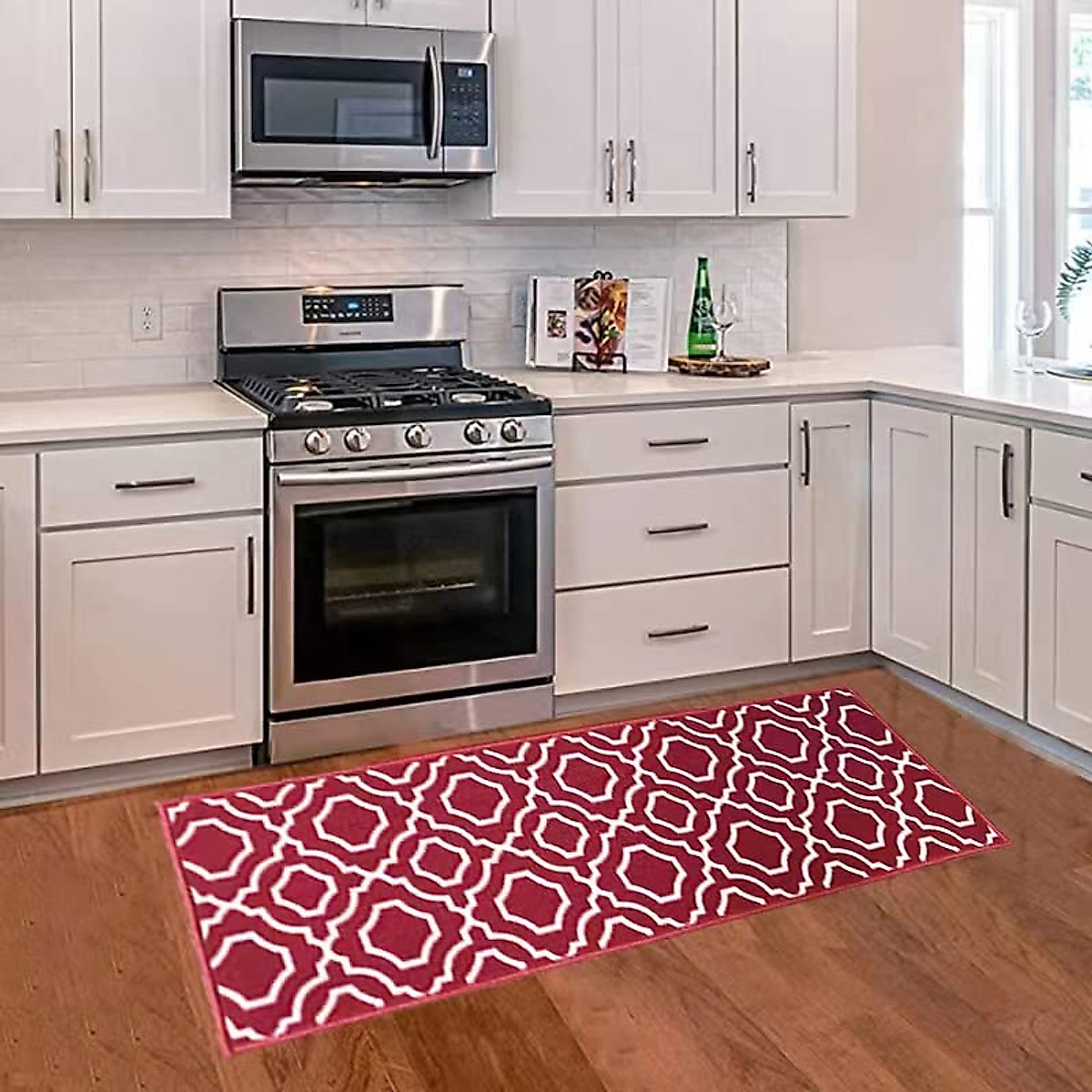 Magstonee 2 Pieces Kitchen Rug TPR Backing Mat for Doorway Bathroom Runner Rug Set (15"x23"+15"x47", Red)