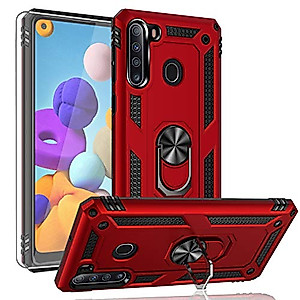 YZOK for Galaxy A21 Case, Samsung A21 Case, with HD Screen Protector, [Military Grade] Ring Car Mount Kickstand Hybrid Hard PC Soft TPU Shockproof Protective Case for Samsung Galaxy A21 (Red)