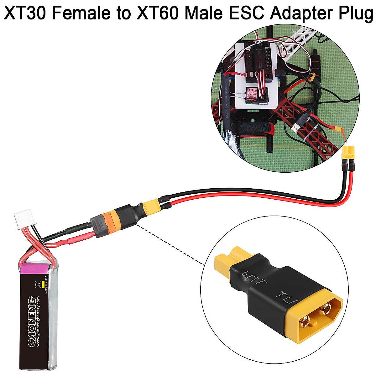 QIANRENON XT30 Female to XT60 Male RC Battery Charging Conversion Connector XT60 Plug to XT30 Socket Lithium Battery ESC Adapter, for Model Airplane Drone RC Car Toy Quadcopter, 2 Pcs